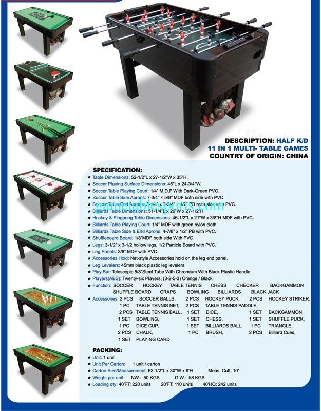 Durable 11 In 1 Game Table , 5 Feet Multi Games Table With Accessories ...